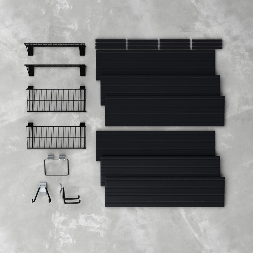 8 Piece Slatwall Panel, Shelf, Hook Storage Set - Black Slatwall