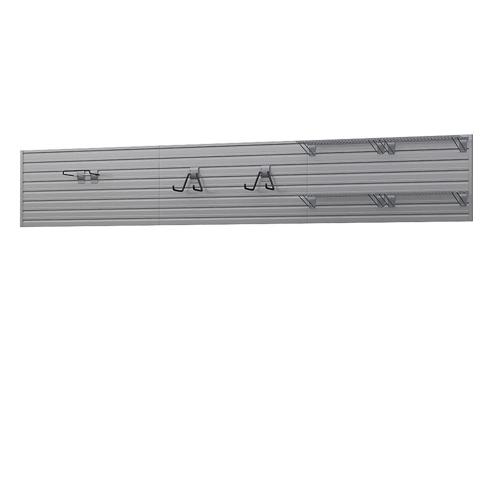 8 Piece Slatwall Panel, Shelf, Hook Storage Set - Silver Slatwall