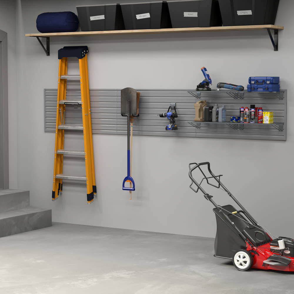 8 Piece Slatwall Panel, Shelf, Hook Storage Set - Silver Slatwall